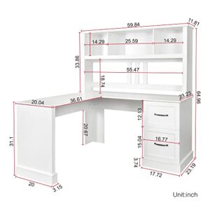 Bellemave L Shaped Desk with Hutch Wood Corner Computer Desk with Storage Drawers and Shelf Modern Home Office Desks L-Shaped Study Table Writing Desk Gaming Desk, White