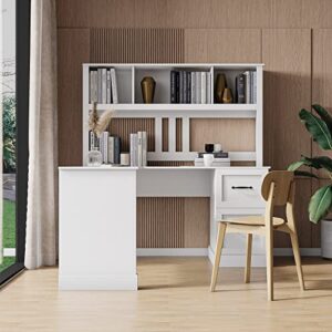 Bellemave L Shaped Desk with Hutch Wood Corner Computer Desk with Storage Drawers and Shelf Modern Home Office Desks L-Shaped Study Table Writing Desk Gaming Desk, White