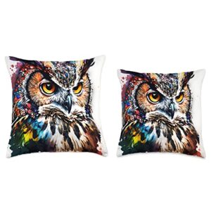 Owl Design Store LTD Watercolor Colorful Owl on White Base Throw Pillow, 16x16, Multicolor