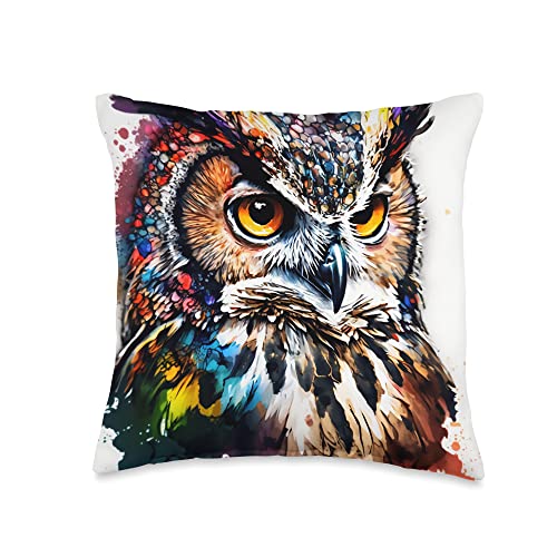 Owl Design Store LTD Watercolor Colorful Owl on White Base Throw Pillow, 16x16, Multicolor