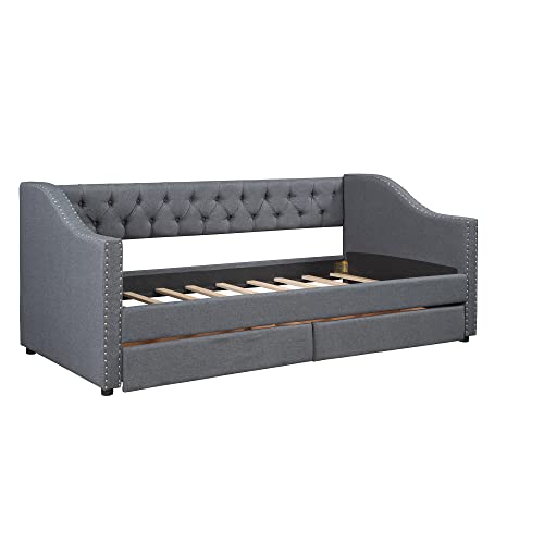 HSBD Twin Daybed, Upholstered Daybed with Two Storage Drawers, Twin Size Sofa Bed with Backrest and Wood Slat Support