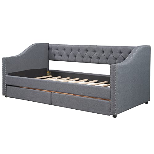 HSBD Twin Daybed, Upholstered Daybed with Two Storage Drawers, Twin Size Sofa Bed with Backrest and Wood Slat Support