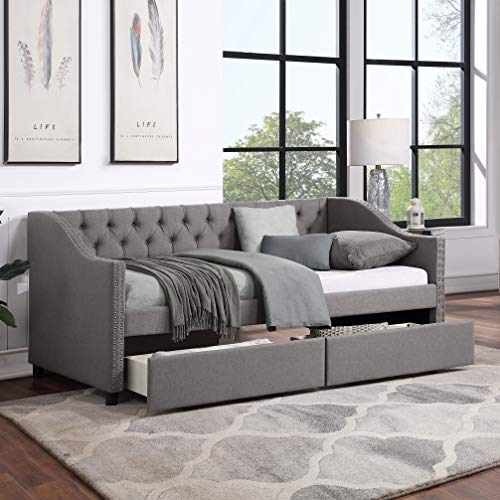 HSBD Twin Daybed, Upholstered Daybed with Two Storage Drawers, Twin Size Sofa Bed with Backrest and Wood Slat Support