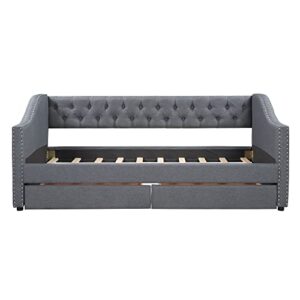 HSBD Twin Daybed, Upholstered Daybed with Two Storage Drawers, Twin Size Sofa Bed with Backrest and Wood Slat Support