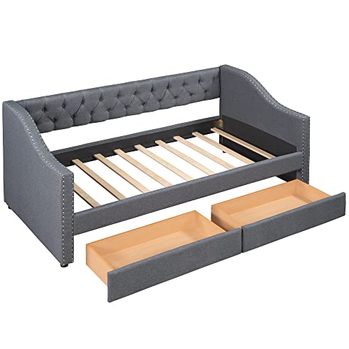 HSBD Twin Daybed, Upholstered Daybed with Two Storage Drawers, Twin Size Sofa Bed with Backrest and Wood Slat Support