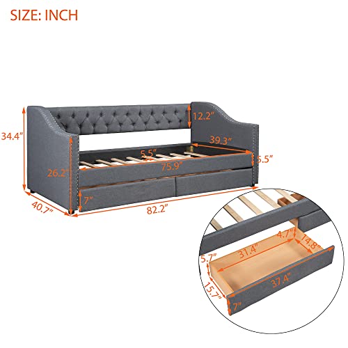 HSBD Twin Daybed, Upholstered Daybed with Two Storage Drawers, Twin Size Sofa Bed with Backrest and Wood Slat Support