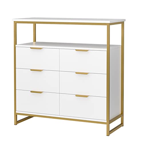 FACBOTALL Modern White Dresser, 6 Drawer Dresser with Shelf, Wood Chest of Drawers with Sturdy Steel Frame, Large Capacity 6 Drawer Dresser for Living Room Home