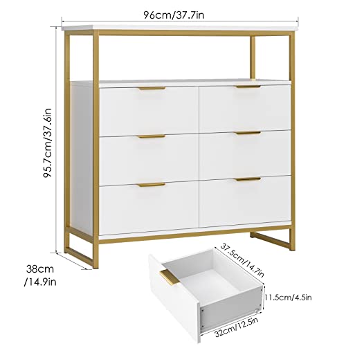 FACBOTALL Modern White Dresser, 6 Drawer Dresser with Shelf, Wood Chest of Drawers with Sturdy Steel Frame, Large Capacity 6 Drawer Dresser for Living Room Home