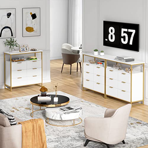 FACBOTALL Modern White Dresser, 6 Drawer Dresser with Shelf, Wood Chest of Drawers with Sturdy Steel Frame, Large Capacity 6 Drawer Dresser for Living Room Home