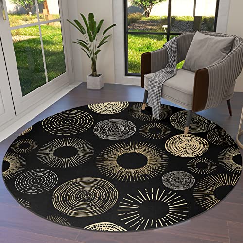 Round Area Rugs 4 Feet - Soft Indoor Throw Rugs Carpets for Living Dining Bedroom Kids Room Non-Slip Playroom Crawl Rug Floor Mats Golden Geometric Circles and Lines Texture Woman Yoga Mat