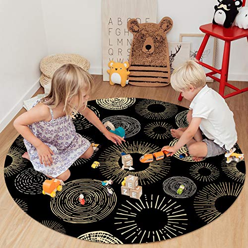 Round Area Rugs 4 Feet - Soft Indoor Throw Rugs Carpets for Living Dining Bedroom Kids Room Non-Slip Playroom Crawl Rug Floor Mats Golden Geometric Circles and Lines Texture Woman Yoga Mat