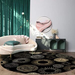 Round Area Rugs 4 Feet - Soft Indoor Throw Rugs Carpets for Living Dining Bedroom Kids Room Non-Slip Playroom Crawl Rug Floor Mats Golden Geometric Circles and Lines Texture Woman Yoga Mat