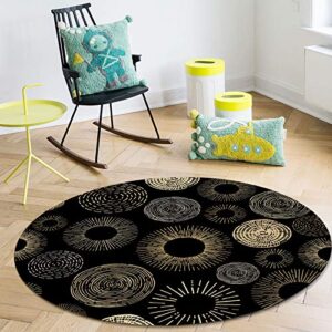 Round Area Rugs 4 Feet - Soft Indoor Throw Rugs Carpets for Living Dining Bedroom Kids Room Non-Slip Playroom Crawl Rug Floor Mats Golden Geometric Circles and Lines Texture Woman Yoga Mat