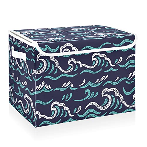 CaTaKu Sea Waves Dark Blue Storage Bins with Lids Fabric Large Storage Container Cube Basket with Handle Decorative Storage Boxes for Organizing Clothes Shelves