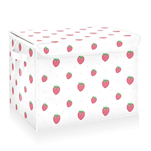 CaTaKu Small Cute Strawberry Storage Bins with Lids Fabric Large Storage Container Cube Basket with Handle Decorative Storage Boxes for Organizing Clothes Shelves