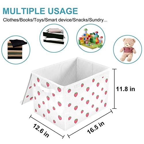 CaTaKu Small Cute Strawberry Storage Bins with Lids Fabric Large Storage Container Cube Basket with Handle Decorative Storage Boxes for Organizing Clothes Shelves