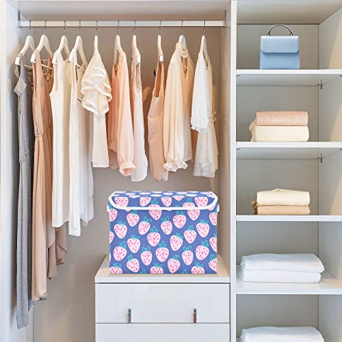 CaTaKu Strawberry Cute Blue Storage Bins with Lids Fabric Large Storage Container Cube Basket with Handle Decorative Storage Boxes for Organizing Clothes Shelves