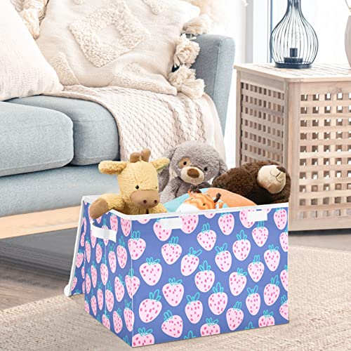 CaTaKu Strawberry Cute Blue Storage Bins with Lids Fabric Large Storage Container Cube Basket with Handle Decorative Storage Boxes for Organizing Clothes Shelves