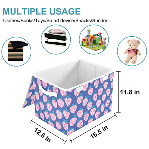 CaTaKu Strawberry Cute Blue Storage Bins with Lids Fabric Large Storage Container Cube Basket with Handle Decorative Storage Boxes for Organizing Clothes Shelves