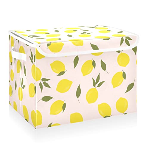 CaTaKu Lemon Leaves Storage Bins with Lids Fabric Large Storage Container Cube Basket with Handle Decorative Storage Boxes for Organizing Clothes Shelves