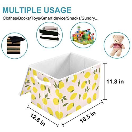 CaTaKu Lemon Leaves Storage Bins with Lids Fabric Large Storage Container Cube Basket with Handle Decorative Storage Boxes for Organizing Clothes Shelves