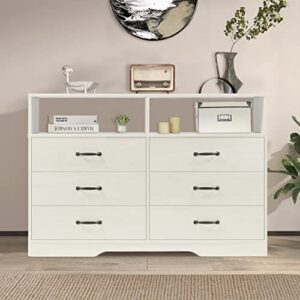 catrimown white 6 drawer dresser for bedroom mid century modern dresser chest of drawer for bedroom white dresser with shelves wood wide double dresser for bedroom living room, wash white