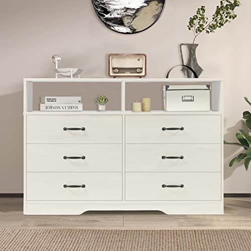 Catrimown White 6 Drawer Dresser for Bedroom Mid Century Modern Dresser Chest of Drawer for Bedroom White Dresser with Shelves Wood Wide Double Dresser for Bedroom Living Room, Wash White