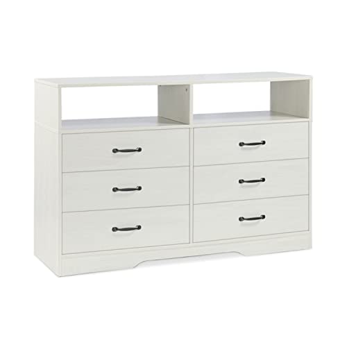 Catrimown White 6 Drawer Dresser for Bedroom Mid Century Modern Dresser Chest of Drawer for Bedroom White Dresser with Shelves Wood Wide Double Dresser for Bedroom Living Room, Wash White