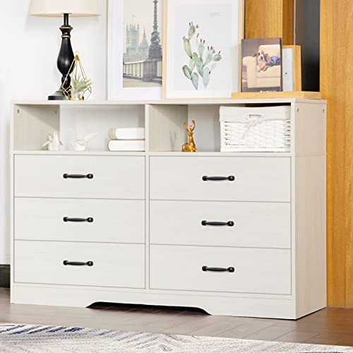 Catrimown White 6 Drawer Dresser for Bedroom Mid Century Modern Dresser Chest of Drawer for Bedroom White Dresser with Shelves Wood Wide Double Dresser for Bedroom Living Room, Wash White