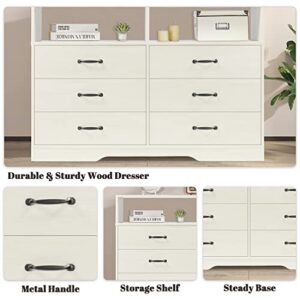 Catrimown White 6 Drawer Dresser for Bedroom Mid Century Modern Dresser Chest of Drawer for Bedroom White Dresser with Shelves Wood Wide Double Dresser for Bedroom Living Room, Wash White