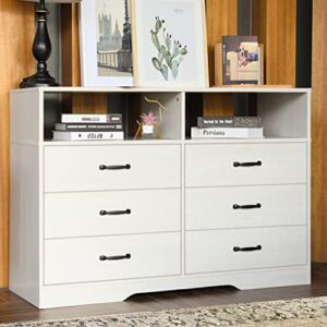 Catrimown White 6 Drawer Dresser for Bedroom Mid Century Modern Dresser Chest of Drawer for Bedroom White Dresser with Shelves Wood Wide Double Dresser for Bedroom Living Room, Wash White