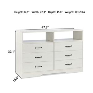 Catrimown White 6 Drawer Dresser for Bedroom Mid Century Modern Dresser Chest of Drawer for Bedroom White Dresser with Shelves Wood Wide Double Dresser for Bedroom Living Room, Wash White