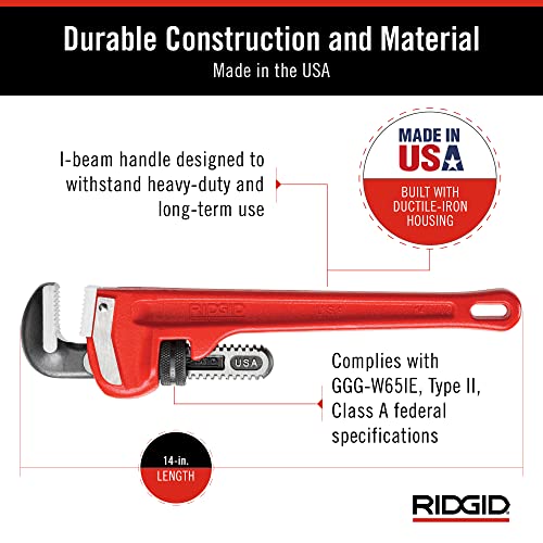 RIDGID 31020 Model 14 Heavy-Duty Straight Pipe Wrench, 14-inch Plumbing Wrench, Red