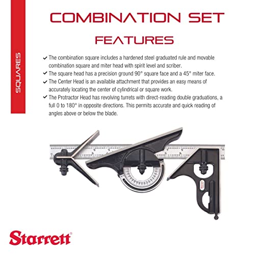 Starrett Combination Set with Square, Center and Reversible Protractor Head and Blade - 12" Blade Length, Forged and Hardened Steel Heads, 4R Graduation Type - C434-12-4R