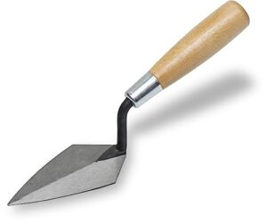 marshalltown pointing trowel, 5 x 2 1/2 inch inch blade, philadelphia pattern, single piece high carbon steel, wooden handle, repair mortar joints, masonry, made in the usa, 45 5