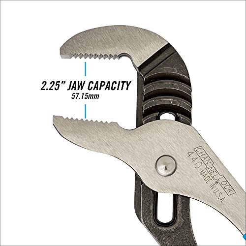 Channellock 440 Tongue and Groove Pliers | 12-Inch Straight Jaw Groove Joint Plier with Comfort Grips | 2.25-Inch Jaw Capacity | Laser Heat-Treated 90° Teeth| Forged High Carbon Steel | Made in USA, Black, Blue, Silver