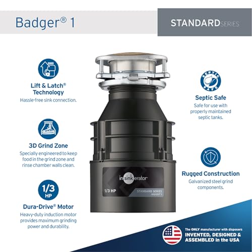 InSinkErator Garbage Disposal, Badger 1, Standard Series, 1/3 HP Continuous Feed, Black, Waterborne Grey Enamel