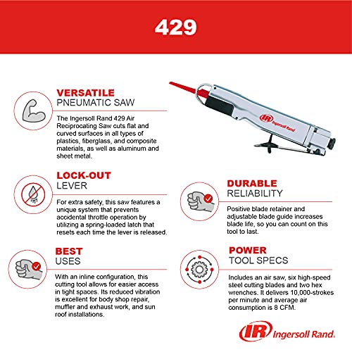 Ingersoll Rand 429 Air Reciprocating Saw, Heavy Duty, Lock Out Lever, 6 Cutting Blades, Positive Blade Retainer, 10,000 Strokes Per Min, Silver