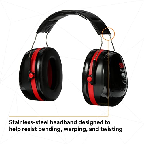 3M H10A Peltor Optime 105 Over the Head Earmuff, Ear Protectors, Hearing Protection, NRR 30 dB,Black, Red