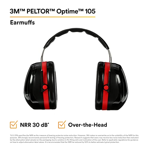 3M H10A Peltor Optime 105 Over the Head Earmuff, Ear Protectors, Hearing Protection, NRR 30 dB,Black, Red