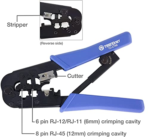 TRENDnet Crimping Tool, Crimp, Cut, And Strip Tool, For Any Ethernet or Telephone Cable, Built-In Cutter And Stripper, 8P-RJ-45 And 6P-RJ-12, RJ-11, All Steel Construction, Black, TC-CT68