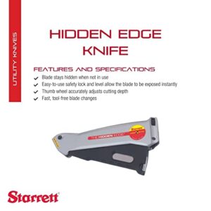 Starrett Hidden Edge Utility Knife with Easy to Use Safety Lock and Level for Fast, Tool-Free Blade Changes - Retractable Lever Action, Aluminum Case Material - S011