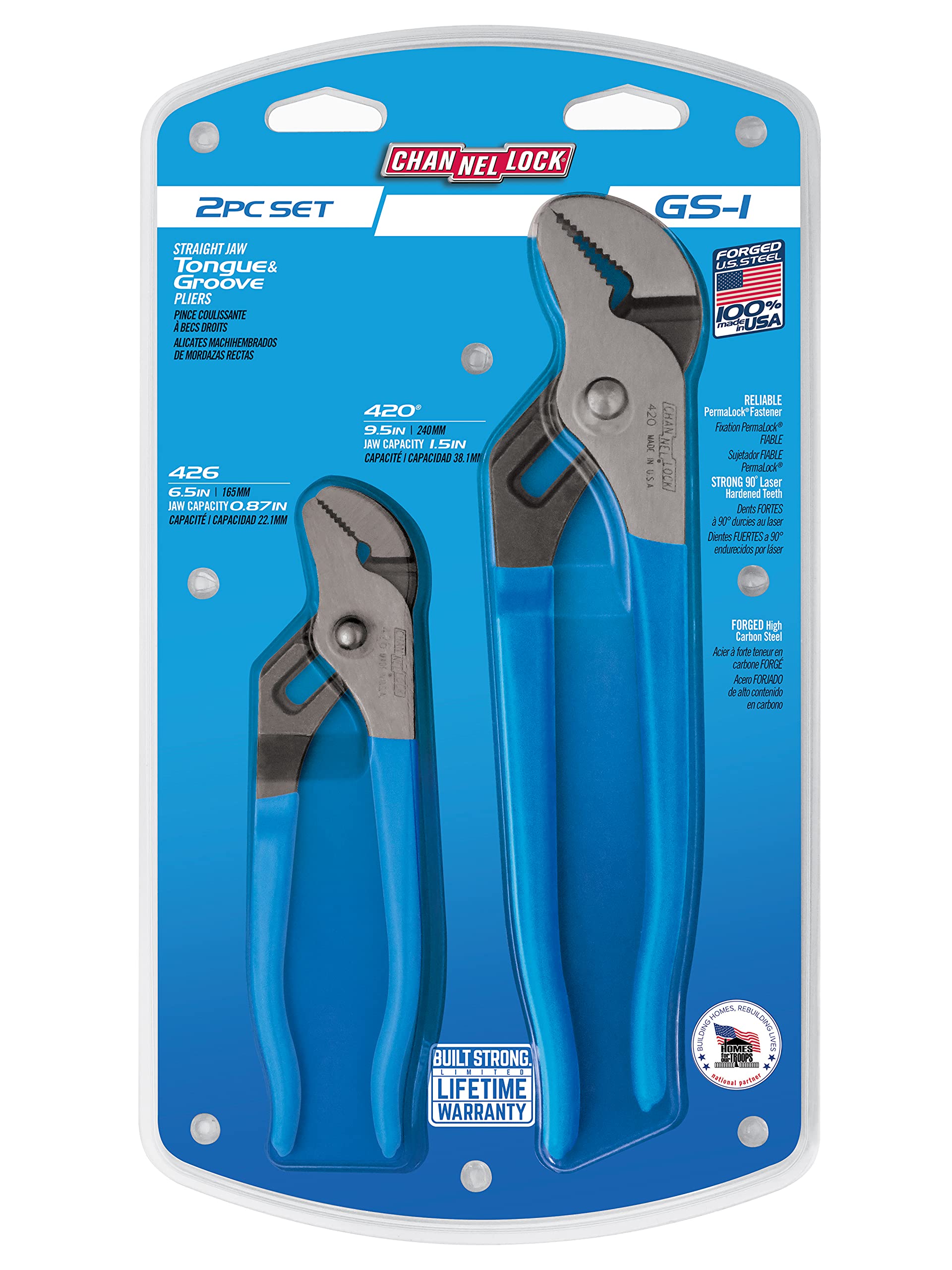 Channellock 2 Piece Tongue and Groove Pliers Set - 9.5-Inch, 6.5-Inch | Straight Jaw Groove Joint Pliers | Laser Heat-Treated 90° Teeth| Forged from High Carbon Steel | Patented Reinforcing Edge Minimizes Stress Breakage | Made in USA