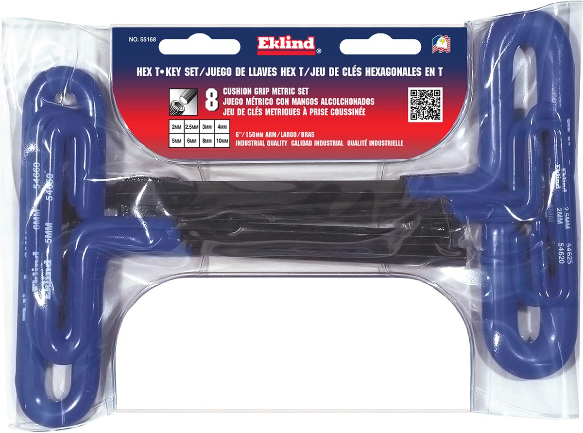 EKLIND 55168 Cushion Grip Hex T-Key allen wrench - 8pc set Metric MM sizes 2-10 (6In shaft)