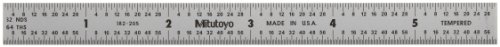 Mitutoyo 182-205, Steel Rule, 6" X 150mm, (1/32, 1/64", 1mm, 1/2mm), 1/64" Thick X 1/2" Wide, Satin Chrome Finish Tempered Stainless Steel