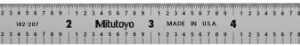 Mitutoyo 182-207, Steel Rule, 6" X 150mm, (1/10, 1/100", 1mm, 1/2mm), 1/64" Thick X 1/2" Wide, Satin Chrome Finish Tempered Stainless Steel