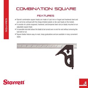 Starrett Steel Combination Square with Square Head - 12" Blade Length, Cast Iron Heads, Reversible Lock Bolt, Scriber, Spirit Level, 4R Graduation Type - 11H-12-4R