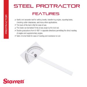 Starrett Steel Protractor with Double Graduations - Ideal for Setting Bevels, Transfer Angles, Small Squaring - 6" (150mm) Blade Length, 0-180 Range, Rectangular Head - C183