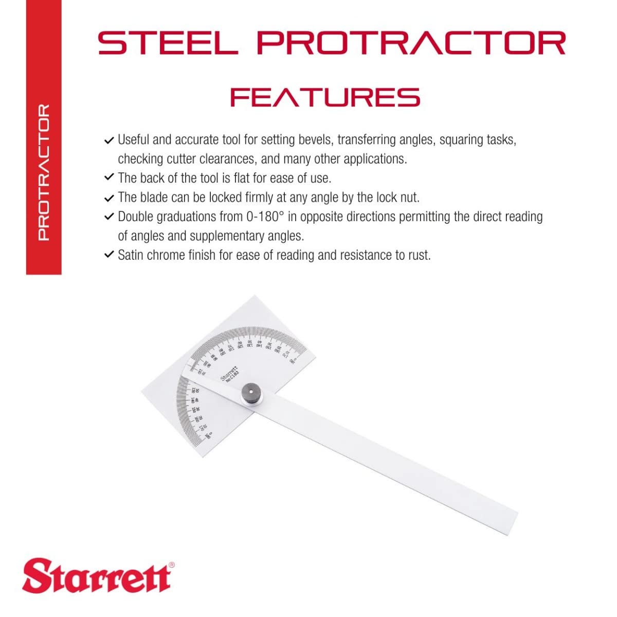 Starrett Steel Protractor with Double Graduations - Ideal for Setting Bevels, Transfer Angles, Small Squaring - 6" (150mm) Blade Length, 0-180 Range, Rectangular Head - C183