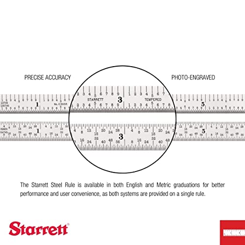 Starrett Spring Tempered Steel Rules with Satin Chrome Finish, Quick Reading and Inch Graduations - 6" Length, 16R Graduation Type, 3/64" Thickness - C616R-6